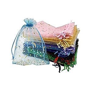 Jexila 100PCS Moon Star Organza Bags 4''X6'' Mixed Color Small Jewelry Bags with Drawstring Mesh Gift Bags for Wedding Party Favor Candy Bags