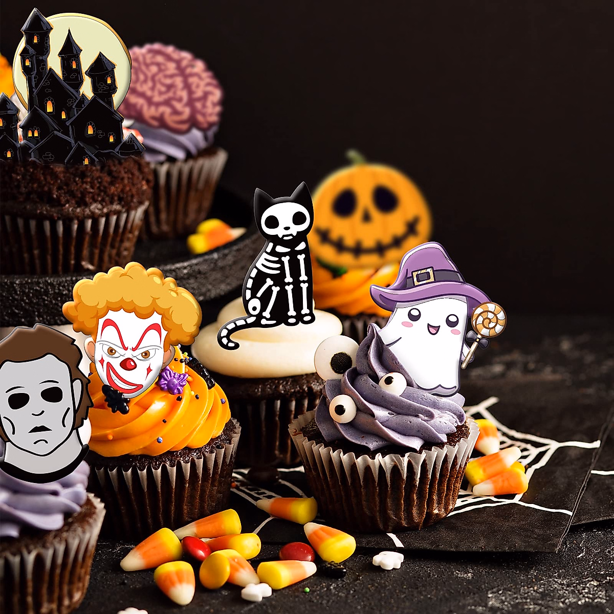 Whaline 2Pcs Halloween Theme Fondant Molds Halloween Spider Pumpkin Eyeball Clown Vampire Pattern Silicone Candy Moulds for Halloween Party Cupcake Topper Decorating Sugar craft Gum Paste Resin Clay