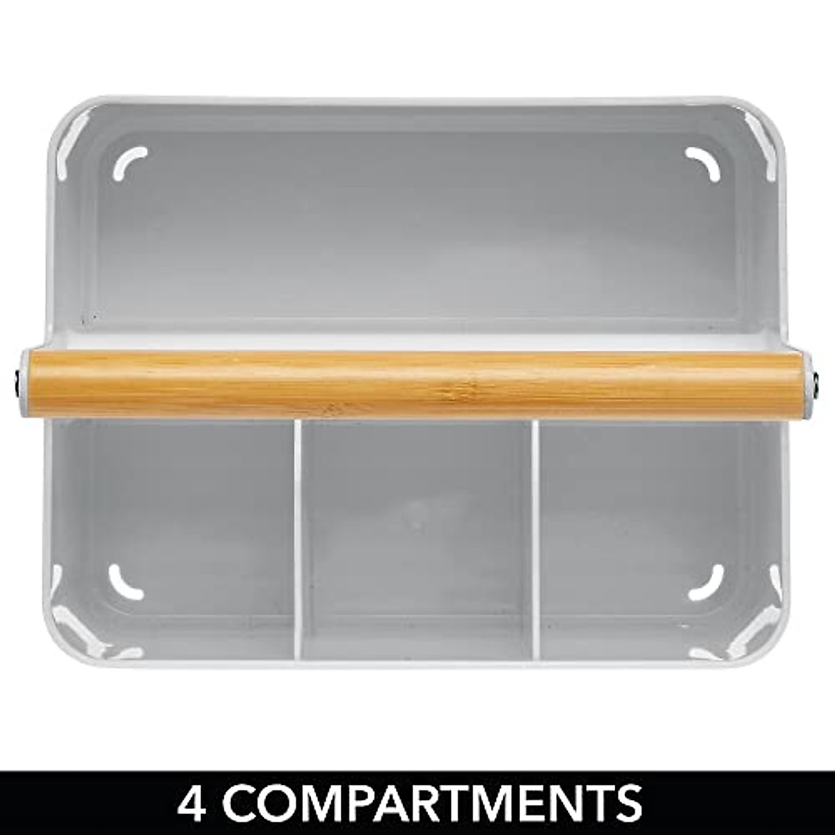 mDesign Plastic Portable Storage Organizer Kitchen Caddy Tote, Divided Bin with Wood Handle for Napkins, Silverware, Forks, Knives, Spoons - Store in Cabinets, Countertops - Gray/Natural