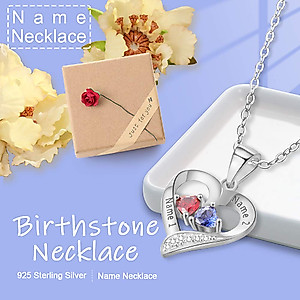 Sterling Silver Personalized 2 Names Necklace with 2 Heart Simulated Birthstone Couple Pendant Necklace for Women (Silver)