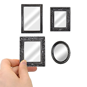 iLAND Mini Mirrors, Dollhouse Accessories on 1:12 Scale, Framed Glass Miniature Mirror (Dark Silver 4pcs)