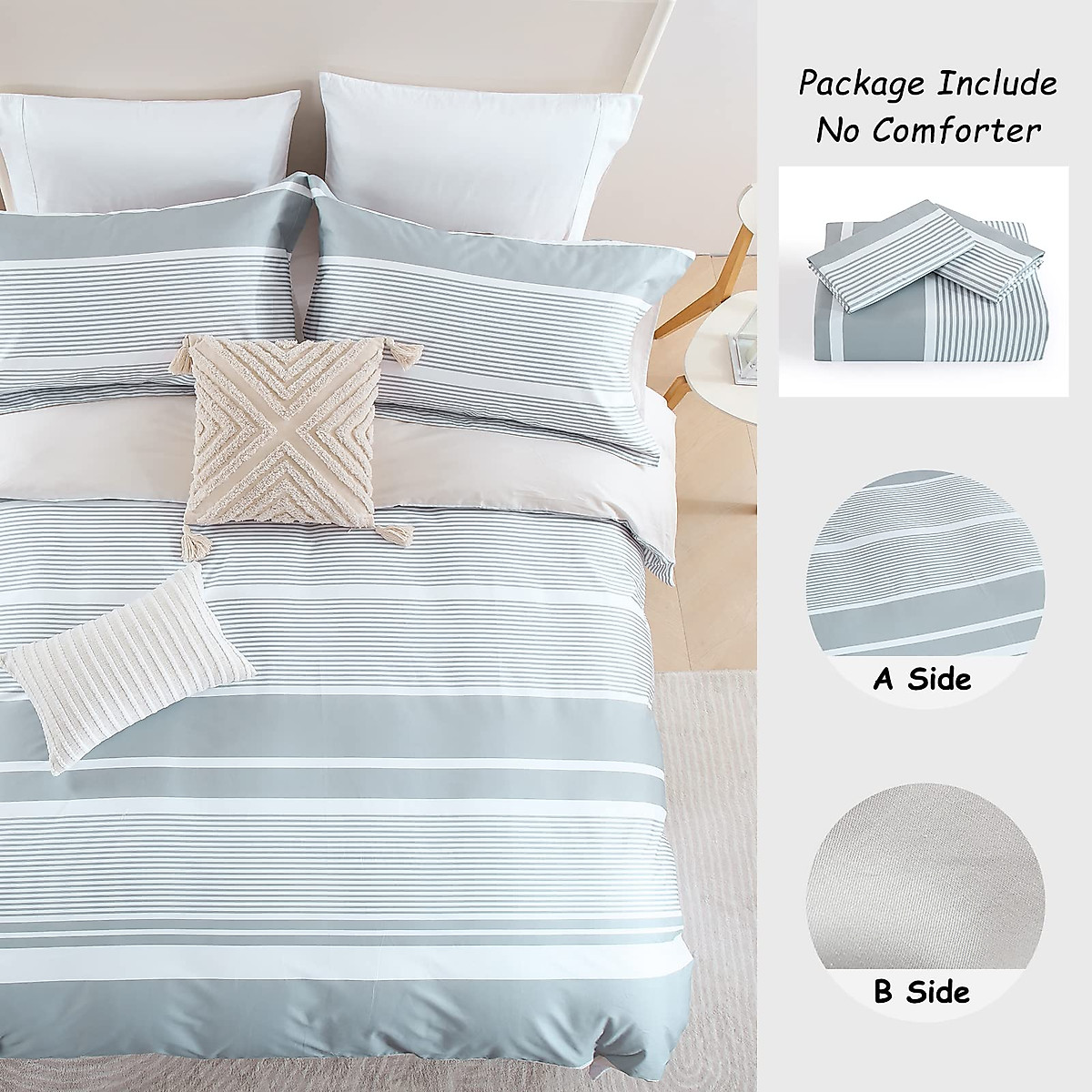 Bedduvit Striped King Duvet Cover Set - 100% Cotton Blue-Gray Duvet Cover King Size, 3 Pieces Grey Stripe Duvet Cover Set, Simple Modern Bedding Comforter Cover with Zipper Closure & 8 Ties, 104"x90"