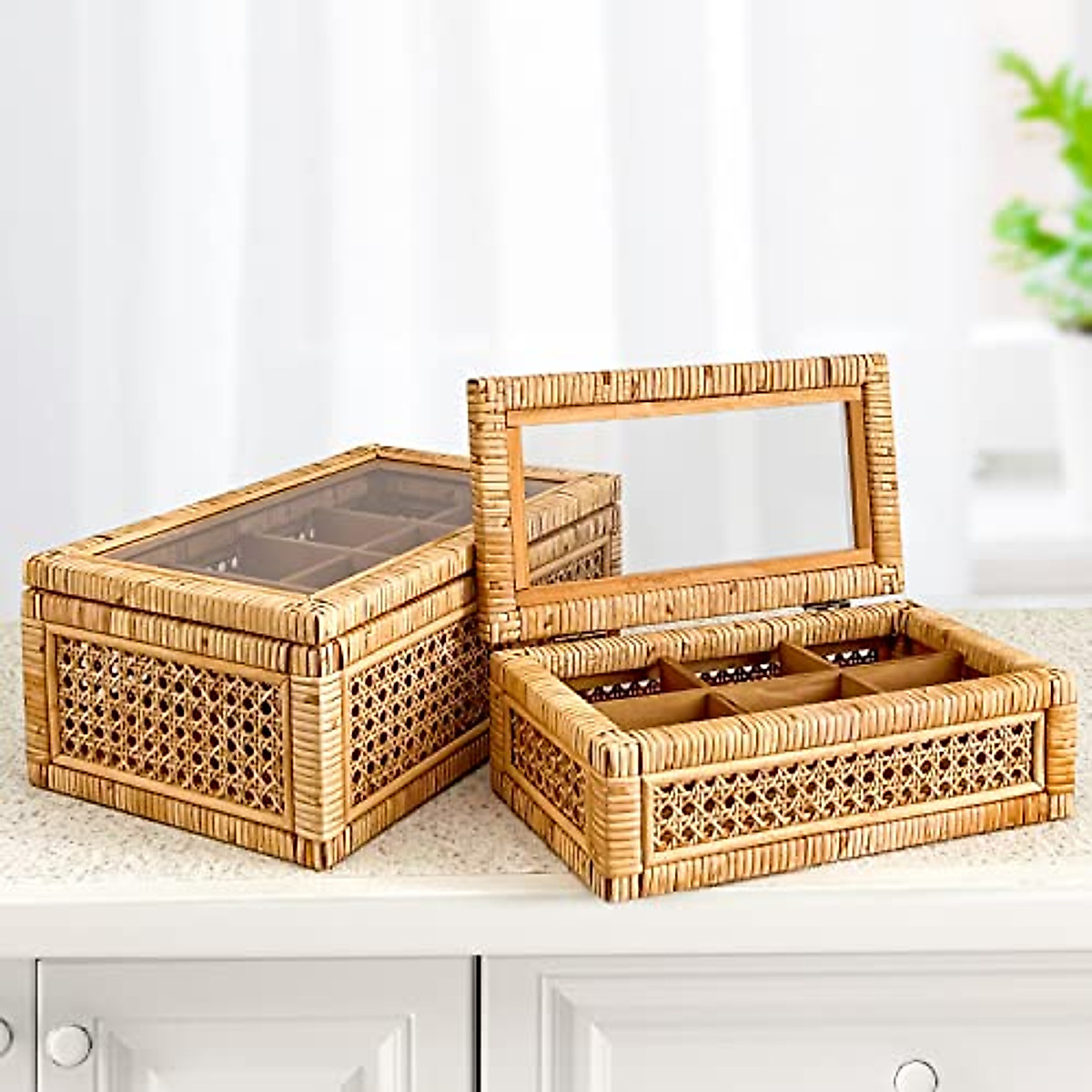 OTOKOHM Rattan Decorative Box With Lid & Removable Divider - Decorative Boxes For Home Decor - Boho Decor Display Box - Decorative Storage Boxes With Lids - Rattan Box With Lid Set of 2