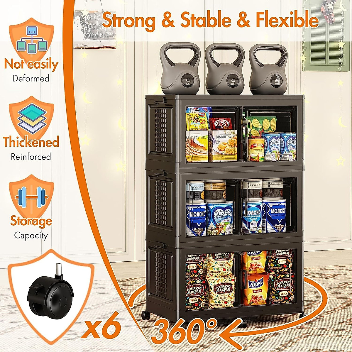 QAVABIN 160Gal/640Qt Large Storage Bins with Lid/Wheels/Doors/Dividers - 4 Tier Foldable Stackable Plastic Drawers, Extra Large Collapsible Cabinets Containers, Closet Organizers, Garage Totes, Black