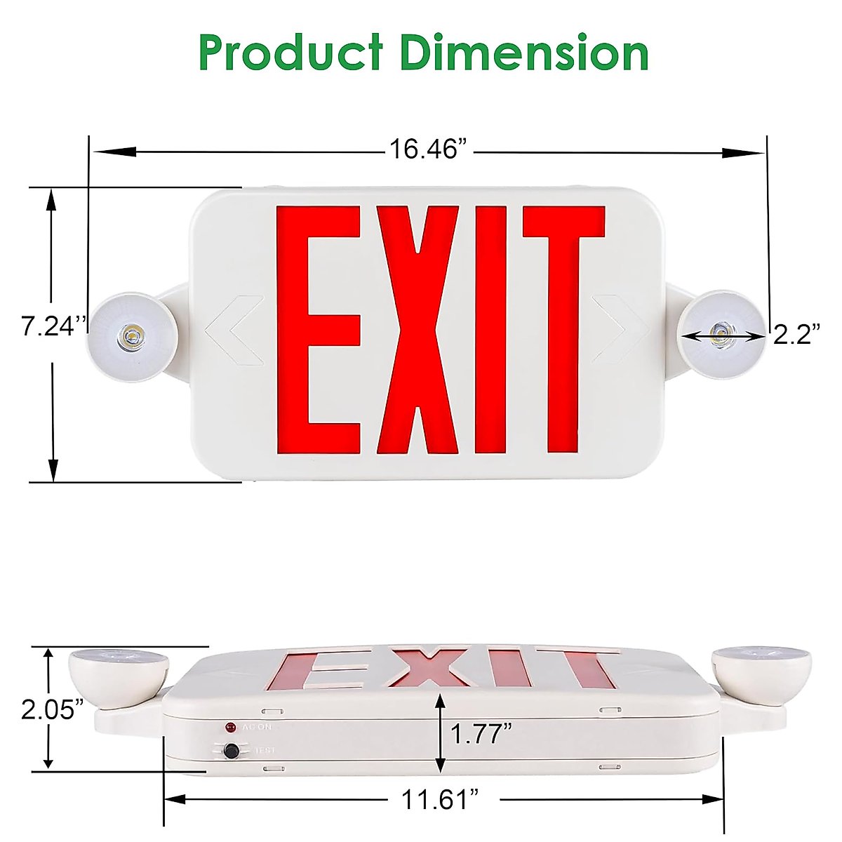 GRUENLICH LED Exit Sign Combo with Emergency Lights, Adjustable Heads and Double Sided, Battery Backup, UL 924 Qualified, AC 120-277V, Commercial Emergency Exit Light for Business- 1 Pack