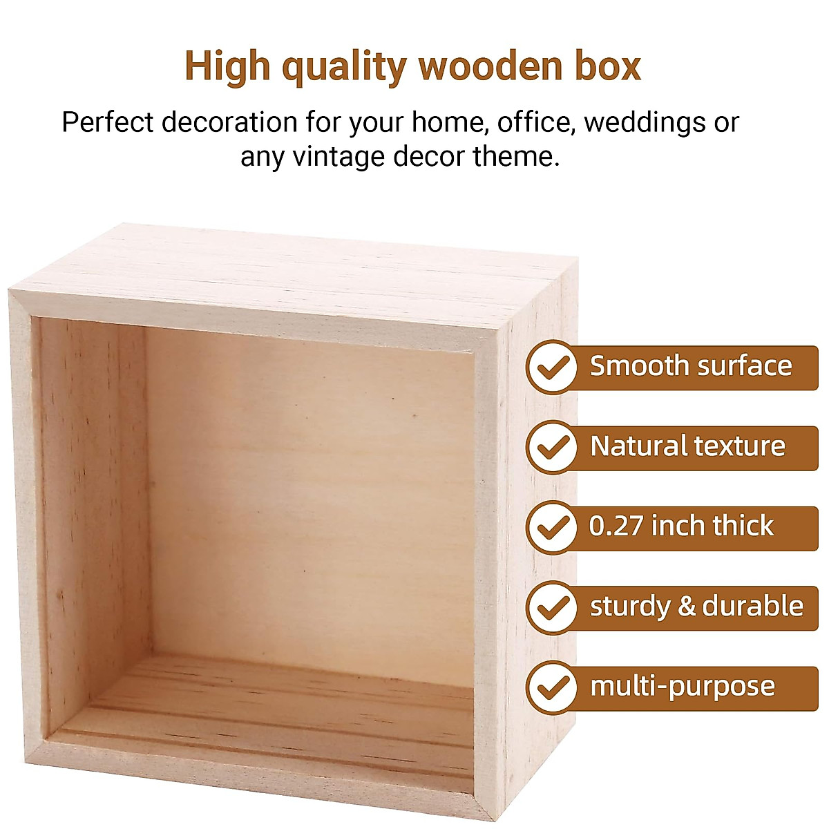 12 PCS 4'' x 4'' Rustic Wooden Box Storage Organizer Craft Box for Collectibles Home Venue Decor Succulents
