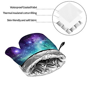 Oven Mitts and Pot Holders Set of 4 Green Blue Purple Galaxy Print Kitchen Oven Glove Fashion Heat Resistant Oven Gloves Set for BBQ Grill Baking Cooking Oven Microwave