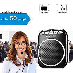 W WINBRIDGE Portable Rechargeable Mini Voice Amplifier with Wired Microphone Headset and Waistband, Support Music Play for Teachers, Singing, Coaches, Training, Presentation, Tour Guide