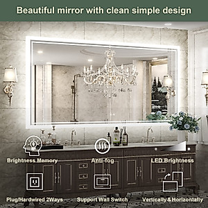 TokeShimi 72x36 Inch Bathroom LED Mirror 3-Color Fashion Style Vanity Make-up Mirror with Light Anti-Fog & Dimmer Touch Switch Adjustable Lights White/Warm/Natural Wall Mounted