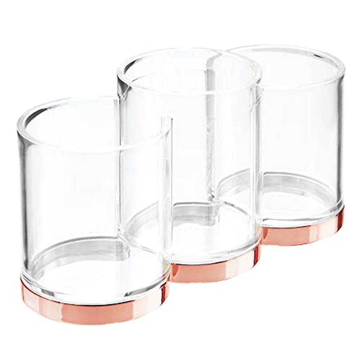 mDesign 3- Section Makeup Brush Organizer for Bathroom Vanity - Plastic Brush Holder for Makeup - Storage Cup for Eyeliner, Lipstick, Concealer - Cosmetic Holder, Lumiere Collection, Clear/Rose Gold