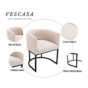 VESCASA Linen Upholstered Dining Chairs with Barrel Back, Mid Century Modern Padded Restaurant Chairs with Black Metal Frame for Kitchen, Dining Room, Set of 6, Cream