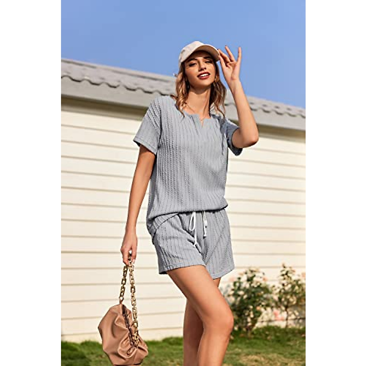 Ekouaer Ribbed Knit Lounge Sets for Women 2 Piece Outfits Short Sleeve Top and Shorts Pajama Sets Tracksuit Sweatsuits Grey