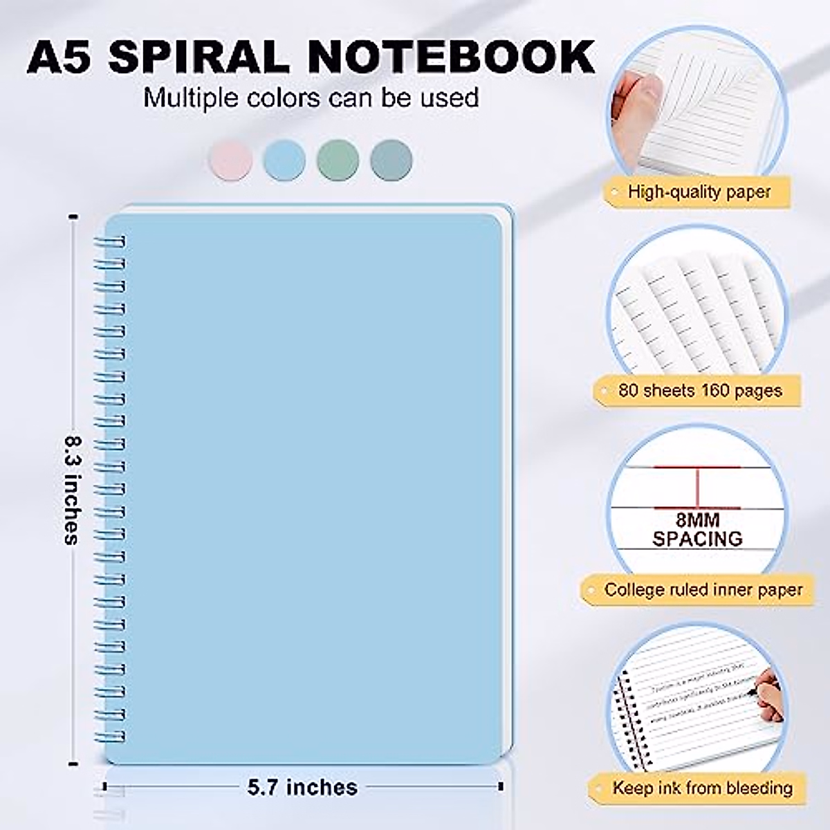 Spiral Notebook, 5.7" x 8.3" College Ruled Notebook with 4 Colors Spiral Journals for Women, 80 Sheets / 160 Pages Per Journal with Twin-Wire Binding, Thick Plastic Hardcover and 8mm Ruled Lined