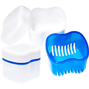 Denture Case,Denture Cups Bath, Toothbrush with hard denture, Dentures Container with Basket Denture Holder for Travel,Mouth Guard Night Gum Retainer Container (Blue)