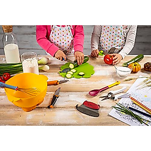 KUHN RIKON Kinderkitchen Kids Mezzaluna Knife With Blade Protector, Cat, 5.2" x 3.3" x 0.7", Red | Child-Friendly Cutting Tools For Real Cooking