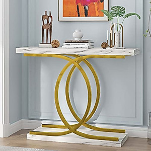 PAKASEPT Console Table with Gold Base, 40 inch White Faux Marble Narrow Entryway Table Foyer Table for Living Room, Entryway, Hallway, Entrance