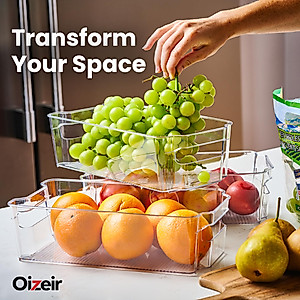 OIZEIR 8 Pack Clear Plastic Fridge Organizer Bins – Stackable Refrigerator & Pantry Storage Bins with Handles for Snacks, Freezer, Kitchen Cupboard, and Cabinet Organization