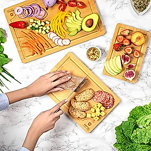 Wooden Cutting Boards for Kitchen Meal Prep & Serving - Bamboo Wood Cutting Board Set with Deep Juice Groove Side Handles - Charcuterie & Chopping Butcher Block for Meat - Kitchen Gadgets Gift (3 Pcs)