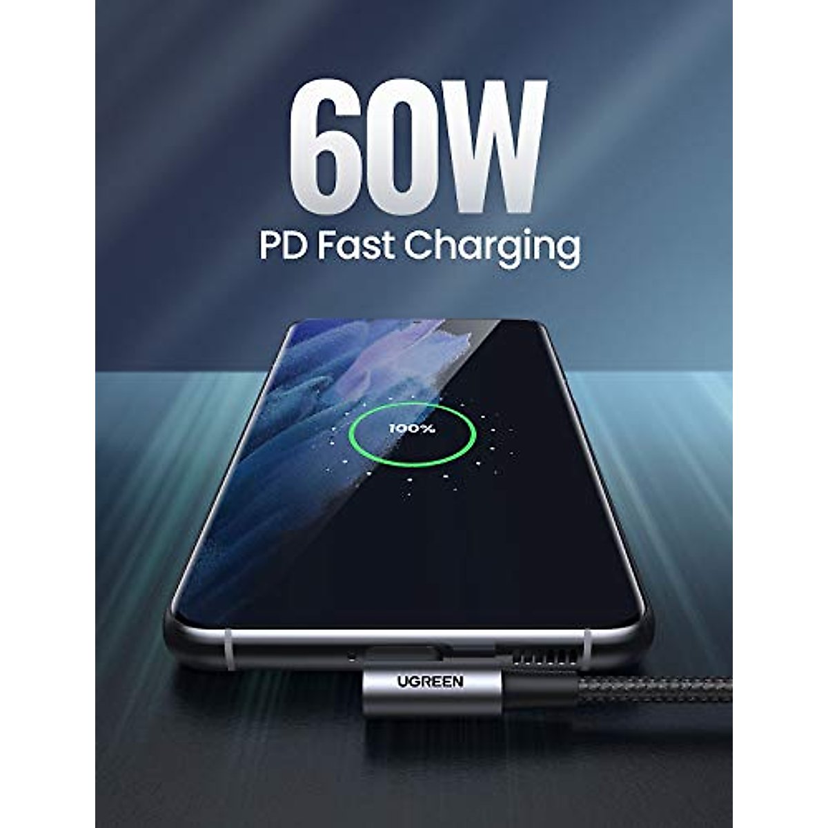 UGREEN Type C to Type C Cable 60W USB C Charger Cable 90 Degree Compatible with with MacBook Pro 2022, iPad Pro 2022, Samsung Galaxy S23/S22/Z Fold/Z Flip, Google Pixel 7/6a, Switch, etc. 3.3FT