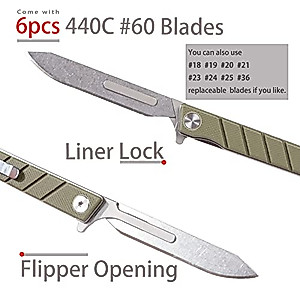 TENCHILON T35 Small Slim Folding Pocket Scalpel Knife, 6pcs #60 Replaceable Blades, Gentleman's Flipper Scalpel EDC Utility Knives with Pocket Clip (Army Green G10 Handle)