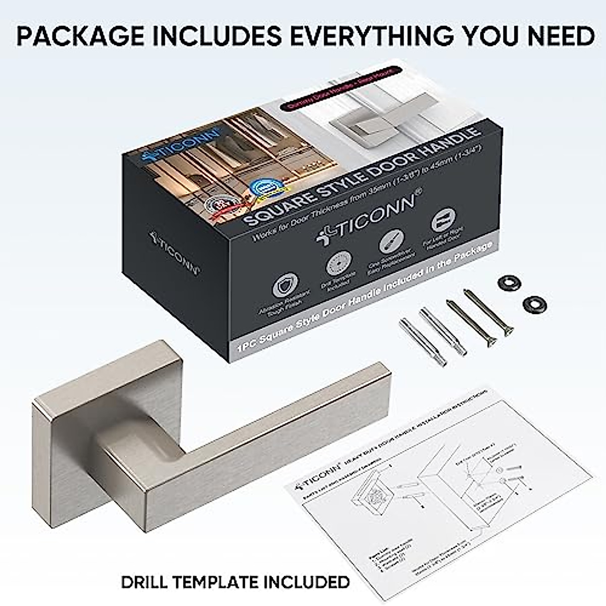 TICONN Door Handle Heavy Duty, Reversible Square Door Lever for Bedroom, Bathroom and Rooms (Satin Nickel, Dummy - Front Mount)