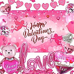 Valentines Decorations-Valentines Day Backdrop for Photography Cupid Romantic I Love You Balloons for Bedroom,Pink Happy Valentines Day Decor