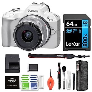 Canon EOS R50 Mirrorless Camera with 18-45MM Lens Kit (White) with Advanced Accessory and Travel Bundle | 5812C012 | canon eos r50