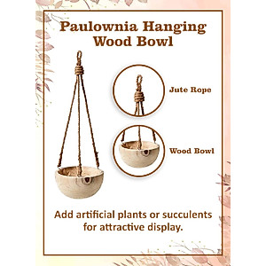 Serene Spaces Living Paulownia Hanging Wood Bowl with Jute Rope, Hanging Faux Succulent and Artificial Plants, Ideal for Home, Garden, Office Decor, Measures 4.5" Tall and 9.25" Diameter