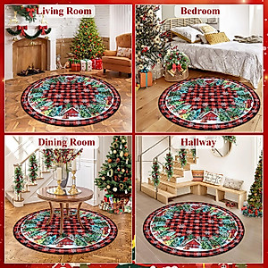 HEBE 4Ft Round Christmas Area Rug Non Slip Farmhouse Round Rug for Living Room Washable Soft Circle Rugs for Bedroom Christmas Round Floor Carpet for Dining Room Xmas Holiday Decor