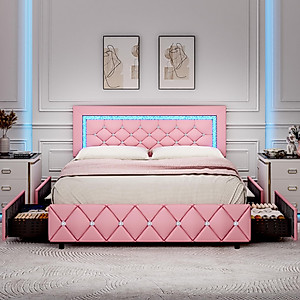 Queen Size Bed Frame with LED Lights, Upholstered Platform Bed with Storage Drawers, Princess Bed with Diamond Headboard and Footboard, No Box Spring Needed, Easy Assembly, Pink