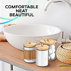 Clear Plastic Apothecary Jars with Lids - Premium Acrylic Qtip Holder Bathroom Set (6 Pack) - 10 Oz Bathroom Canisters for Cotton Ball, Cotton Swab and Cotton Round Pads - Compact Qtip Dispenser