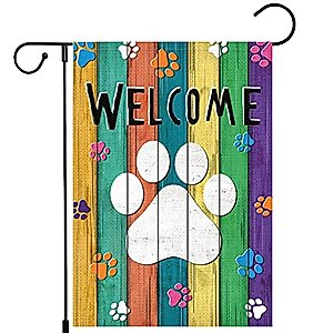 Welcome Spring Summer Garden Flag Colorful Footprint Summer Flags 12x18 Double Sided Burlap Vertical Spring Yard Banner for Seasonal Outdoor Farmhouse Decoration(ONLY FLAG)