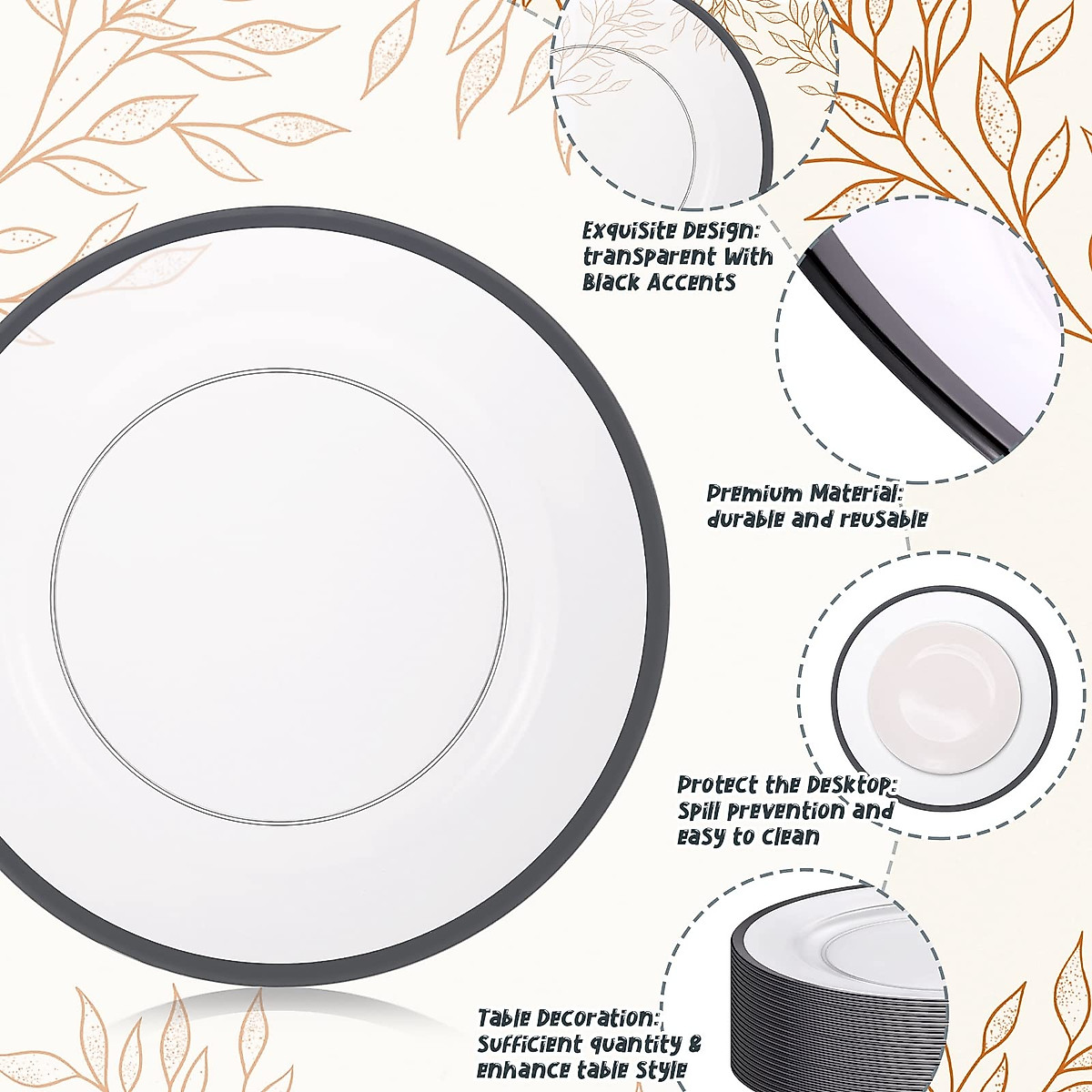 24 Pack Clear Charger Plates Bulk 13 Inch Plastic Round Dinner Plate with Black Edge Acrylic Dinner Charger Decorative Plates for Party Banquet Wedding Family Events Dinner Table Decoration