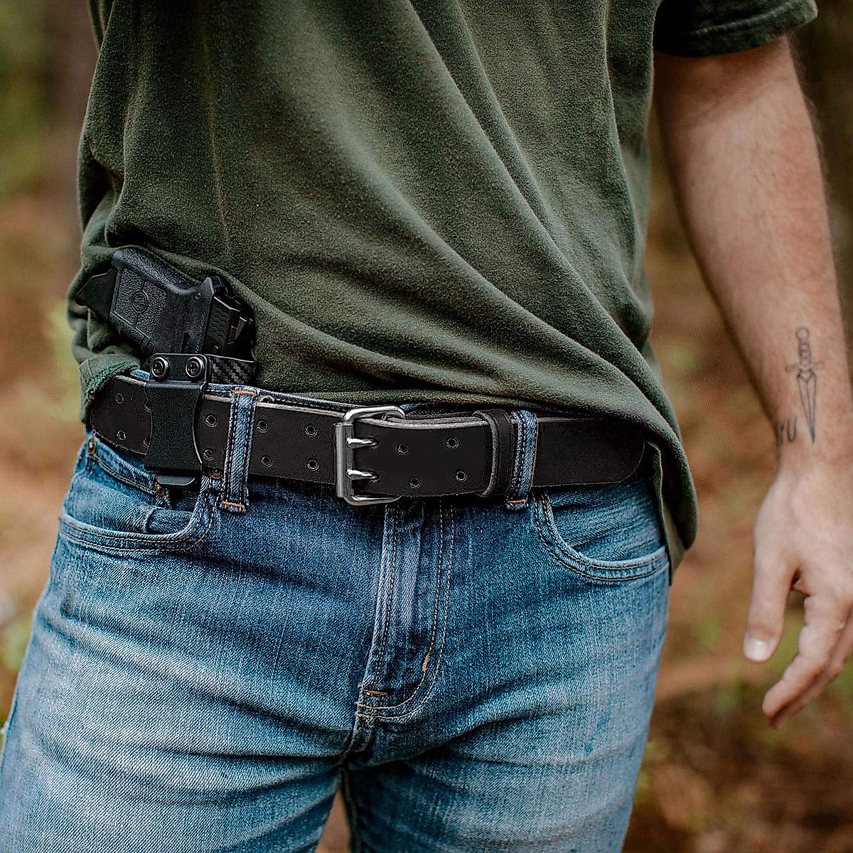 XZQTIVE Men's Double Prong Belt 2 Holes Leather Jeans Belt for Men 1.5 inches Wide