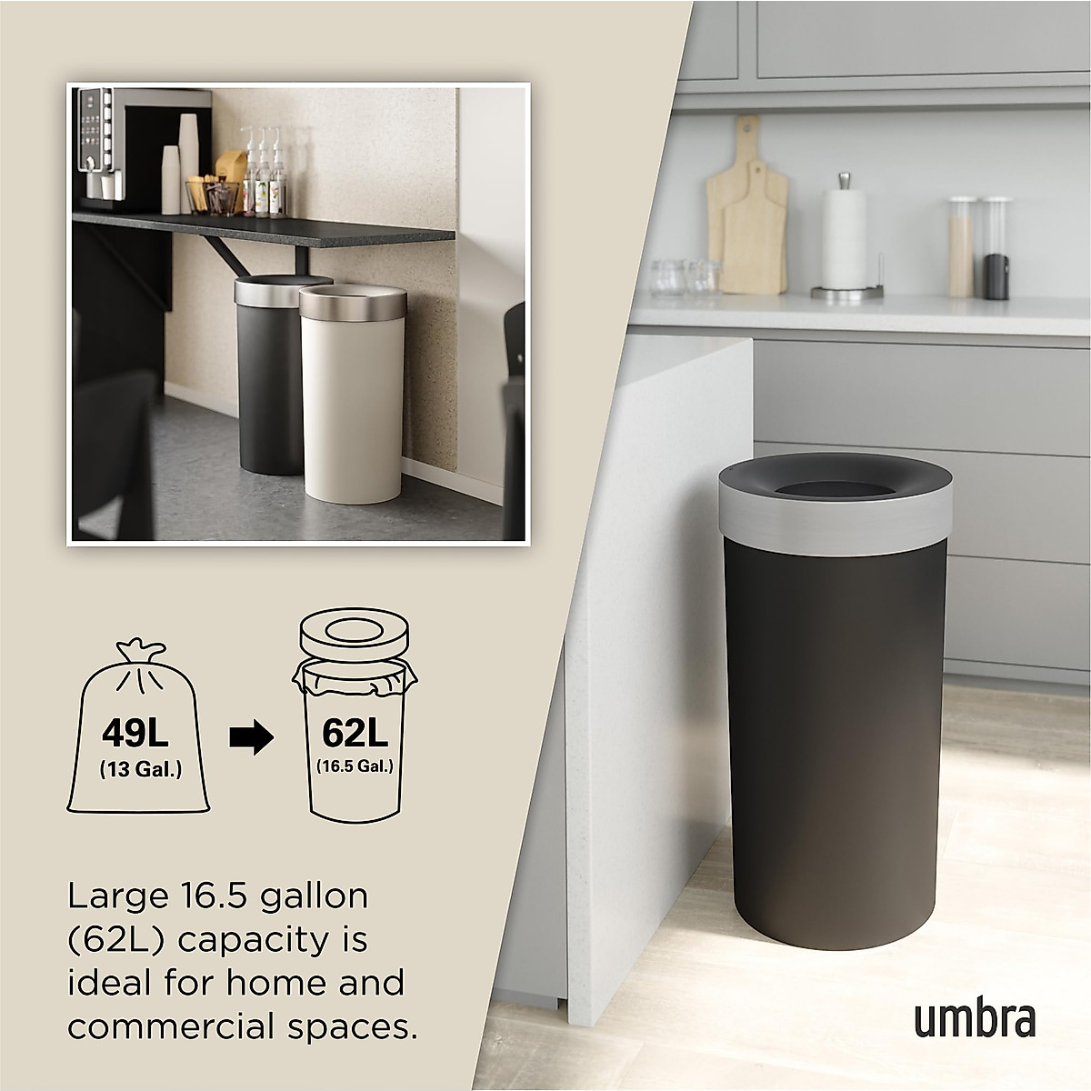 Umbra Vento Open Top 16.5-Gallon Kitchen Trash Large, Garbage Can for Indoor, Outdoor or Commercial Use, Black/Nickel