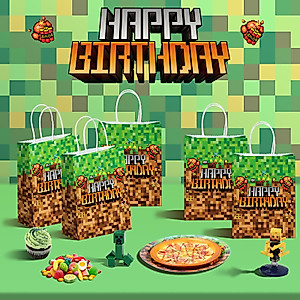 16pcs Pixel Party Favor Bags with Handle Paper Miner Gift Bags Candy Bags Goodie Treat Bags for Mining Pixel Video Game Party Decorations Birthday Party Supplies