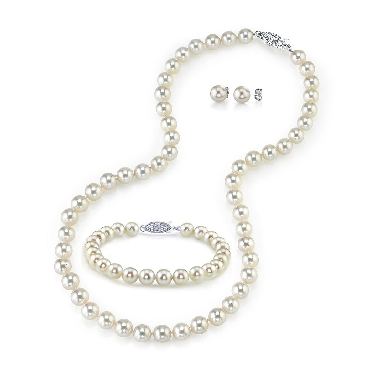 The Pearl Source 14K Gold 7-7.5mm AAA Quality Round White Akoya Cultured Pearl Necklace, Bracelet & Earrings Set in 18" Princess Length for Women