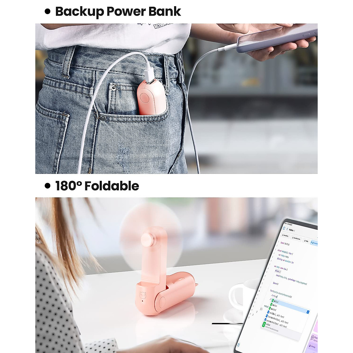 Gaiatop Portable Handheld Fan, Foldable Small Fan, Mini Hand Held Fan with USB Rechargeable 2000mAh Battery, Eyelash Fan for Girls, Travel For Women, Outdoor, Pink