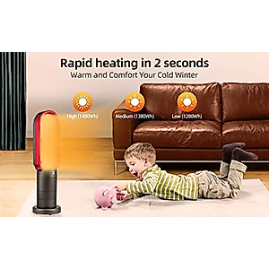 Bladeless Tower Fan & H13 HEPA Air Purifier & 1500W Space Heater 3in1, 120° Swing & 210° Tilt Head Table Fan, 29in. 35W Desk Fan with Remote, 9 Speeds 9H Timer Air Circulator for Home Office-Red