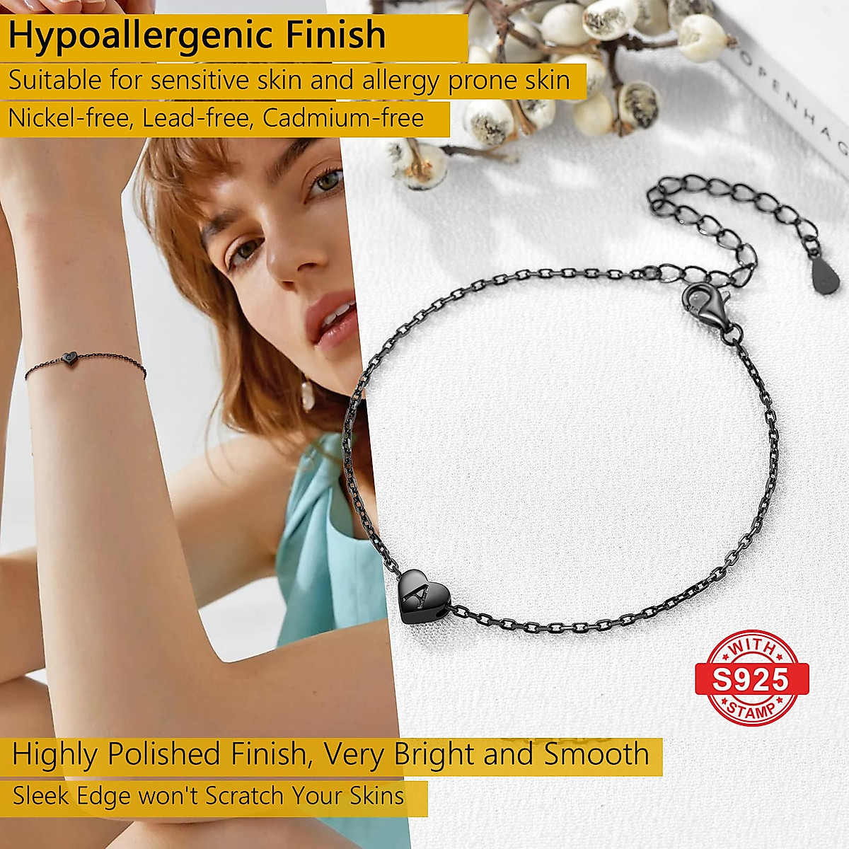 Dainty C Letter Bracelet Cute Jewelry Sterling Silver Thin Chain Heart Initial Bracelets for Women