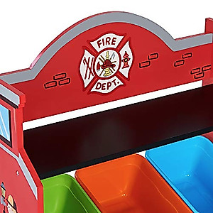 Fantasy Fields - Little Firefighters Wooden Toy Organizers with 6 Removable Storage Bins, Toy Storage Shelf, Red (TD-13211A)