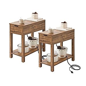 Labcosi 2-Pack Modern Farmhouse Side Table, Narrow End Table with Charging Station, Flip Top End Table with Storage Shelf, Rustic Oak Color