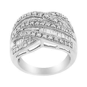 Haus of Brilliance .925 Sterling Silver 1.0 Cttw Channel Set Alternating Round and Baguette Diamond Cross-over Bypass Ring Band (I-J Color, I2-I3 Clarity) - Size 6