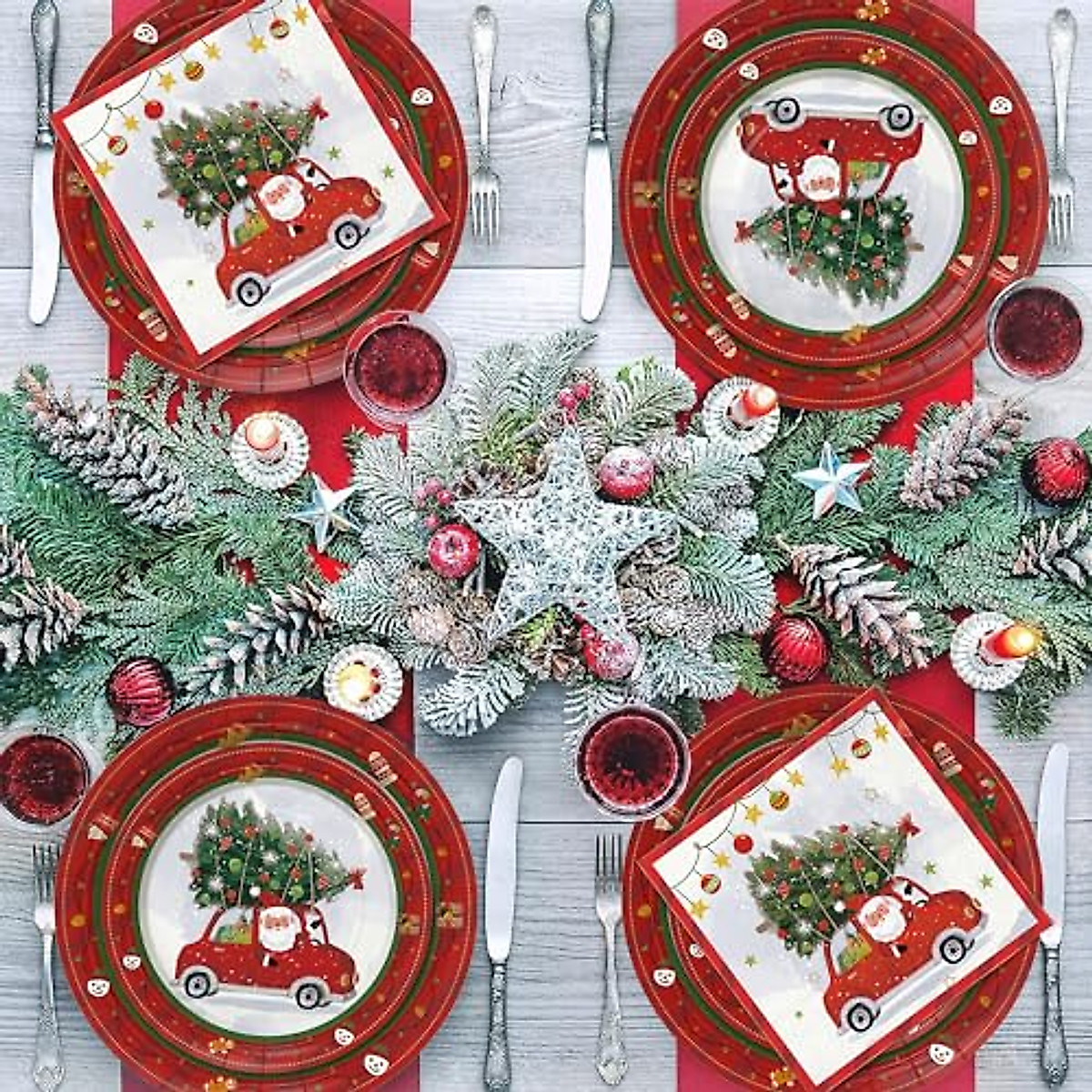 Homlouue 200 Pcs Christmas Paper Plates and Napkins, Santa Claus Car Red and White Plates and Napkins Disposable, Christmas Dinner Serves 50 Guests, Party Table Decorations