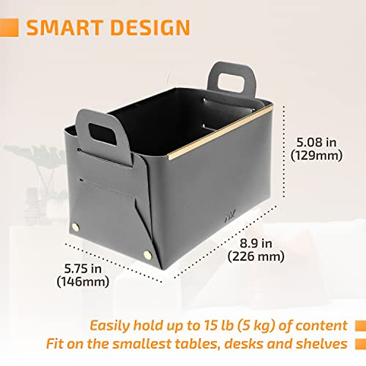 NeatVilla Faux Leather Baskets for Storage, 9x6x6 Small Gray Grey Basket Catchall PU Leather Bin Organizers for Organizing, Set of 2 Faux Leather Storage Bin Cute Foldable Storage Baskets for Shelves