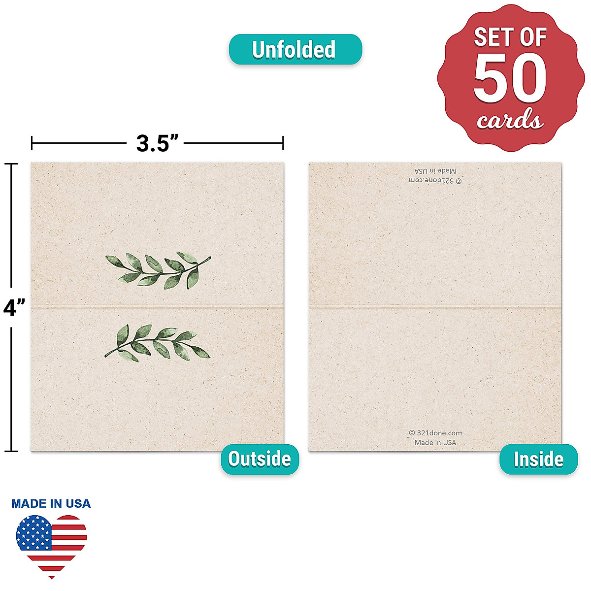 321Done Greenery Place Cards, Made in USA - 3.5x2, Blank Tent Cards for Name Food Table Setting Dinner Party Seating Wedding Rustic Green Leaves in Tan - Set of 50