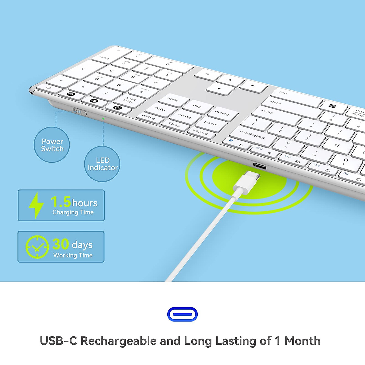AUSDOM White Wireless Full Size Keyboard: Bluetooth Multi-Device USB Cordless Slim Quiet Keyboard with Numberpad, Rechargeable Noiseless Silent Universal Flat Keyboard for Mac iMac MacOS PC Computer
