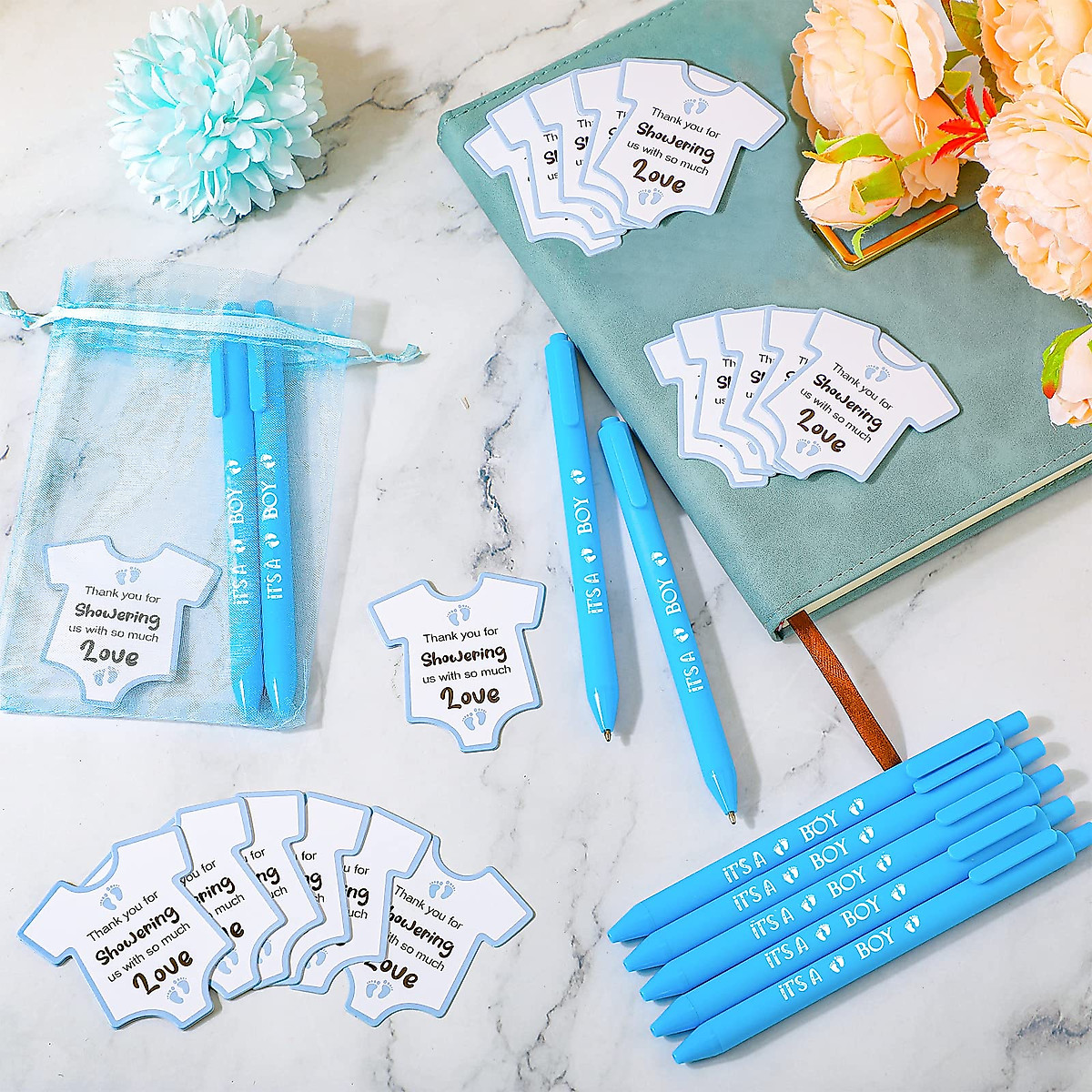 TaoBary 50 Sets Baby Shower Pens Bulk Pink It's A boy Ballpoint Pens Baby Shower Favors with Thank You Cards and Organza Bags Gender Reveal Guests Decorations