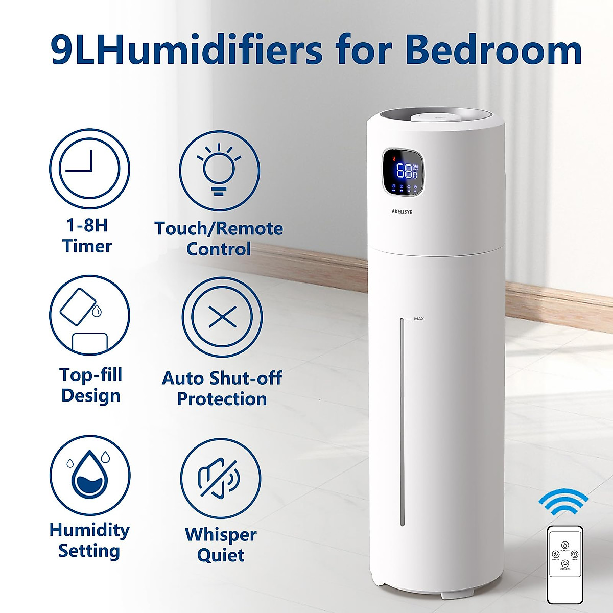 AKELISYE 9L/2.5Gal Large Humidifiers for Large Bed Room, Ultrasonic Cool Mist Top Fill Humidifier with 350ML/H Large Mist Speed, Remote, Quiet Tower Humidifier for Baby Home Plant Yoga Sleep Office