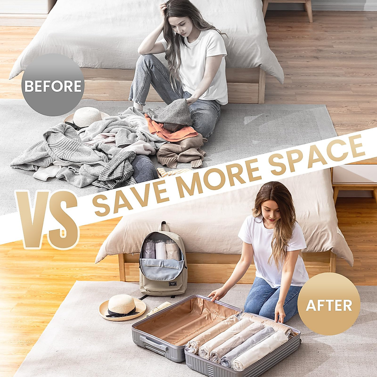 TAILI 12 Pack Travel Compression Bags, Clear Roll Up Space Saver Bags (6 Large, 6 Medium), No Vacuum Needed Reusable Packing Bags for Luggage, Suitcase, Backpack, Travel Essentials